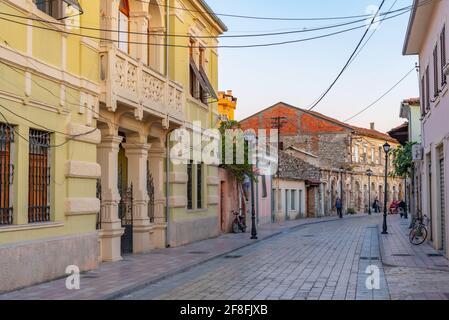 Narrow street of the old town of Shkoder during sunset, Albania Stock ...