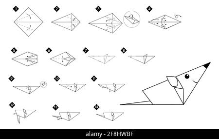 How to make origami rat. Step by step paper mouse black and white DIY instructions. Outline ...