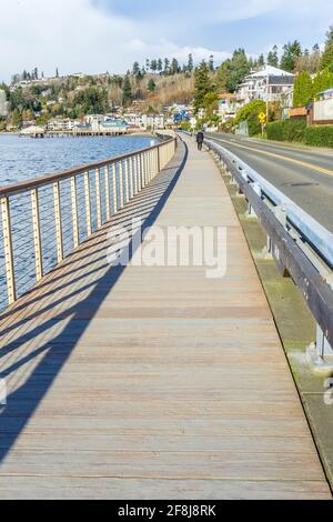 A view of the boardwalk at Redondo Beach, Washington. The tide is low ...