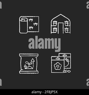 Gardening store categories chalk white icons set on black background ...