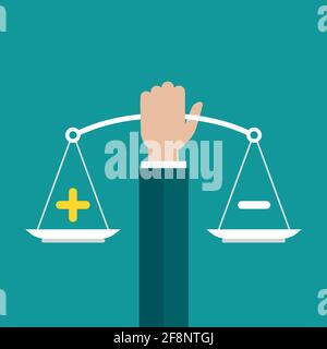 Businessman hand holds mechanical scales with dollar coin and light ...