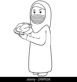 Muslim woman or mother use blue shirt , ramadan night bring chicken ...