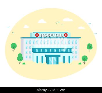 City hospital building exterior with trees isolated icon. Vector ...