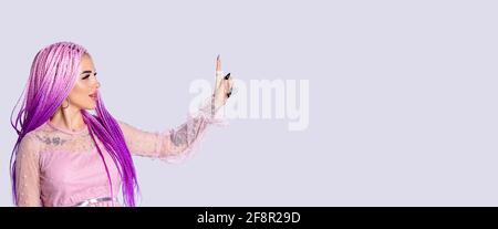 Photo of young braids hairdo lady hold smile isolated on beige color ...