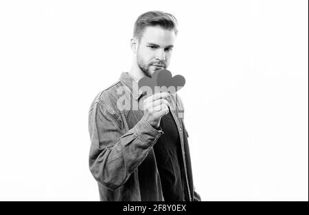 Guy well groomed hold heart white background. Romantic macho. Man with ...