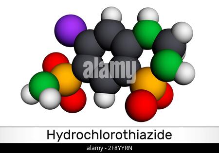 Hydrochlorothiazide diuretic drug, chemical structure. Atoms are ...
