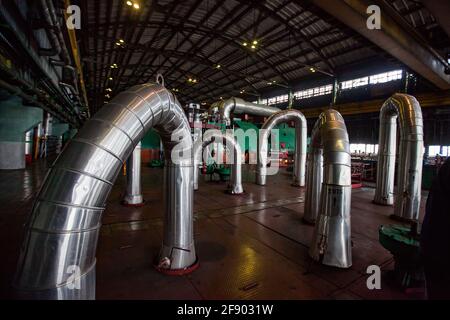Aksu, Pavlodar region, Kazakhstan: Heat power station. Red cones of ...