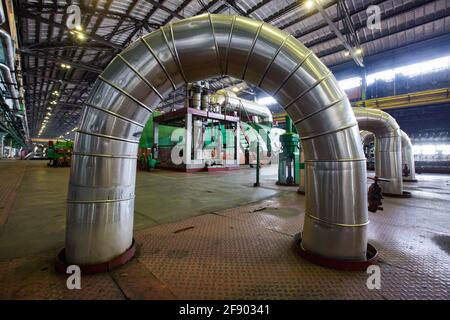 Aksu, Pavlodar region, Kazakhstan: Heat power station. Red cones of ...