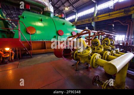 Aksu, Pavlodar region, Kazakhstan: Heat power station. Red cones of ...