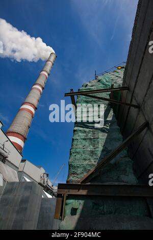 GRES-1 thermal power station. Grey metal equipment raw coal bunkers ...