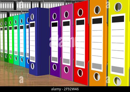 3D illustration. Series of folders of various colors wallets for ...