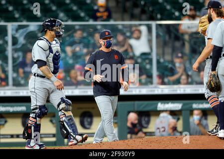 Detroit Tigers manager A.J. Hinch walks in the dugout during the sixth ...