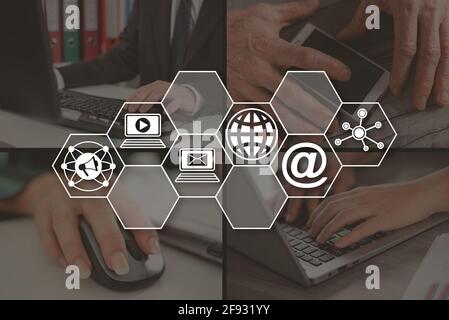 Digital advertising concept illustrated by pictures on background Stock ...