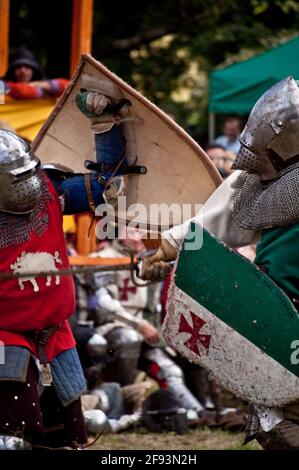 Medieval fighting knights in front of Gothic and Renaissance style ...