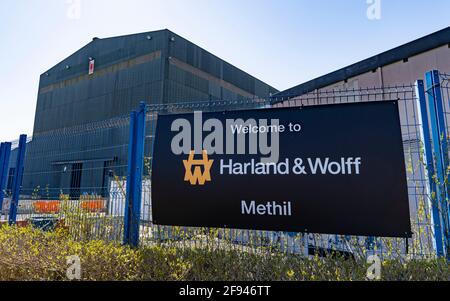 Methil, Scotland, UK. 16 April 2021. A Methil fabrication yard in Fife ...