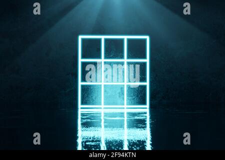 3d rendering of blue lighten mesh shape with light beam and grunge wall ...