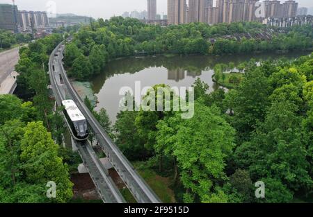 Aerial photo shows the elevated line and elevated station of Metro Line ...