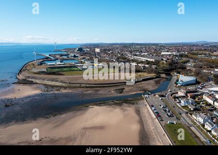 Aerial view of Leven beach at the most of the river Leven, Fife ...
