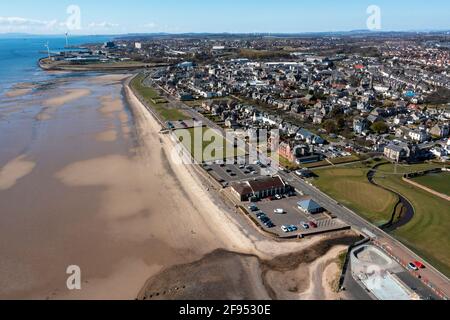 Aerial view of Leven beach at the most of the river Leven, Fife ...