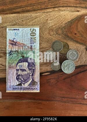 Money of Colombia. Colombian peso bills. COP banknotes. 2 pesos ...
