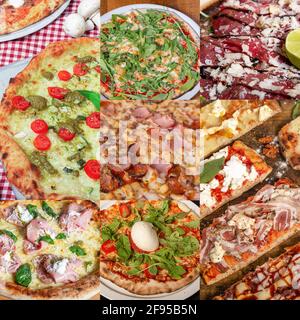 Collage of various different types of pizza and toppings Stock Photo ...