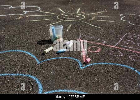 drawings on pavement. children's drawings with crayons on the pavement ...
