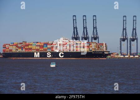 Container ship MSC Alexandra docking at the Port of Felixstowe, Suffolk ...