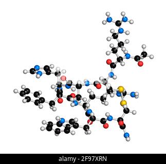 Setmelanotide drug molecule (MC4 receptor agonist). 3D rendering. Atoms ...