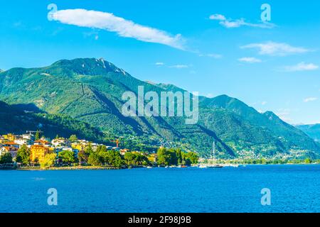 Panorama of blue surface of Lake Lugano, Monte Bre, Monte Boglia, Monte ...