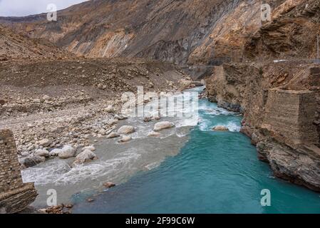India, Himachal Pradesh, Sumdo, erosion, rain-eroded mud in nullah ...