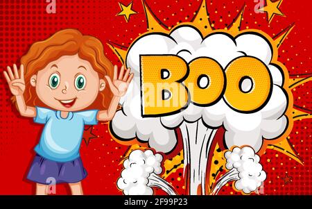 BOO word on explosion background with boy cartoon character ...
