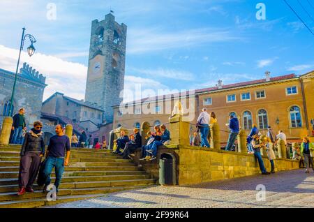 BERGAMO, ITALY, NOVEMBER 2, 2014: People are strolling through Piazza ...