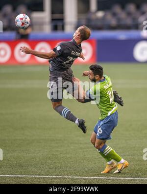 Seattle Sounders defender Alex Roldan clears the ball during the second ...