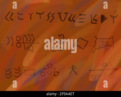 Undecipherable alien like ancient writing on a clay colored background ...
