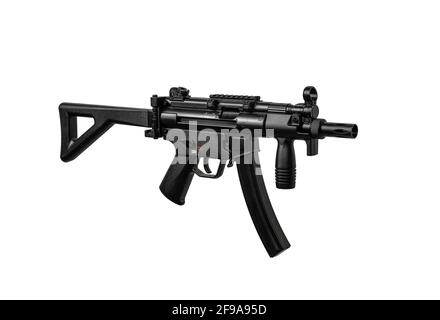 MP5 - modern submachine gun with tactical flashligt. Isolated on white ...