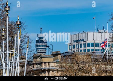 London, UK. 17th Apr, 2021. The BT tower shows a tribute message for ...