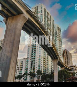 city skyline Brickell metro rail skyscrapers sun Stock Photo - Alamy