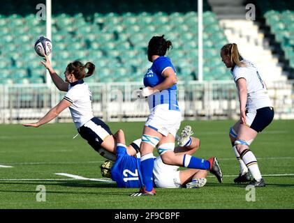 Scotland's Helen Nelson (left) is tackled by Wales' Carys Cox during ...