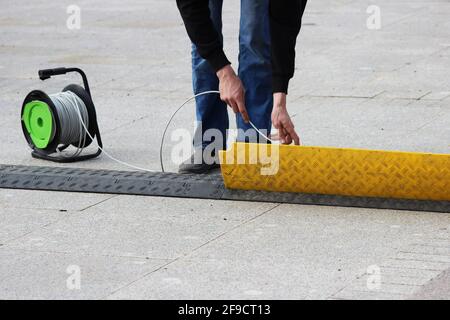 cable in a ground multichannel plastic cable channel, electrical ...