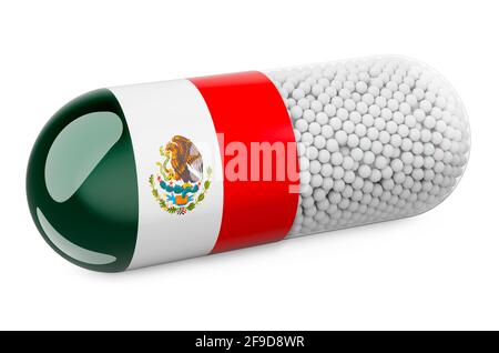 Pill capsule with Mexico flag. Mexican health care concept, 3D ...