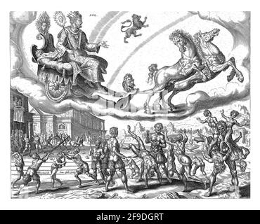 The sun god Sol rides in his chariot across the sky, pulled by two ...