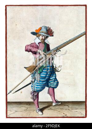 A soldier, to the right, holding a holding musket with your right hand ...