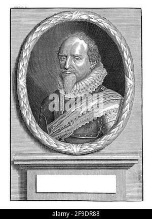 Portrait of Maurits in an oval with edge lettering. There are a number ...