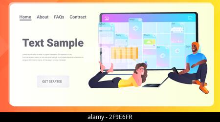 mix race businesspeople planning day scheduling appointment agenda ...