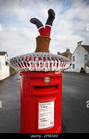 Red, postbox, post box, crocheted, Royal Mail, woolly hats, hand ...