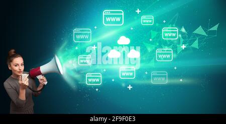 Young person with megaphone and technology related icon Stock Photo - Alamy