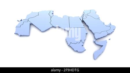 Arab union. Middle East countries map and flag 3D illustrations on a ...