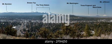 Panorama of Bend, Oregon from Pilot Butte; the mountains of the central ...