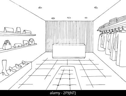 Shop interior store graphic black white sketch illustration vector ...