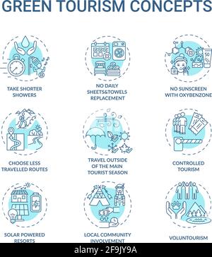 Sustainable tourism linear icons set. Conservation, Ecotourism, Carbon ...